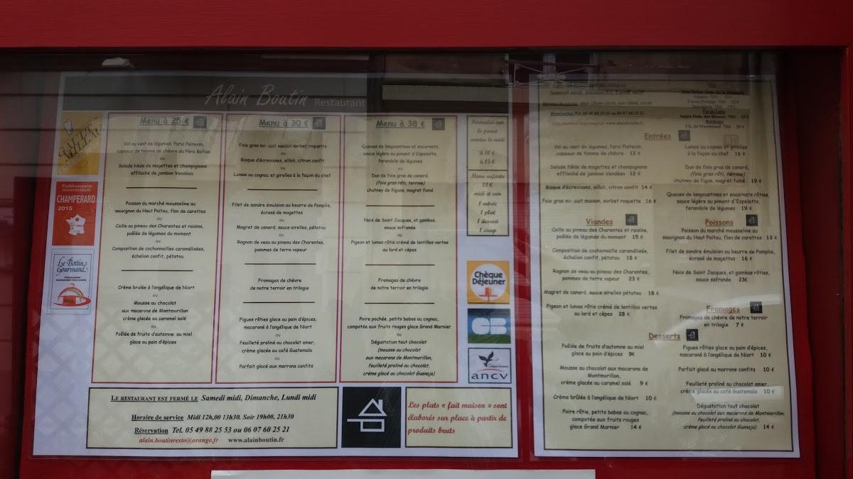 Menu at Alain Boutin restaurant, Poitiers