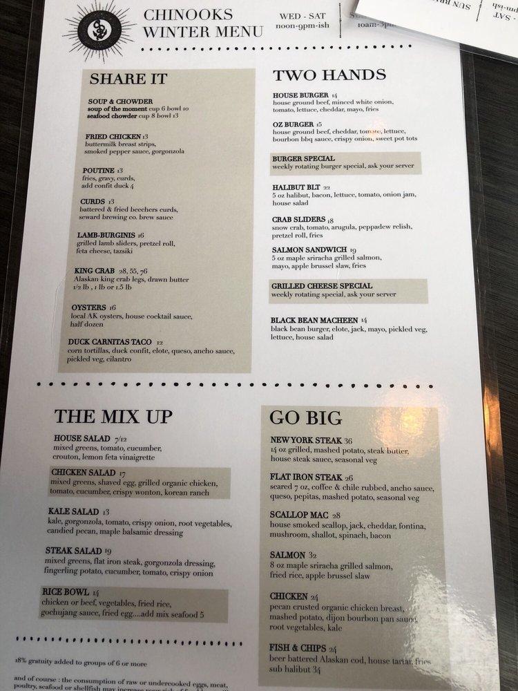 Menu at Chinooks Restaurant, Seward