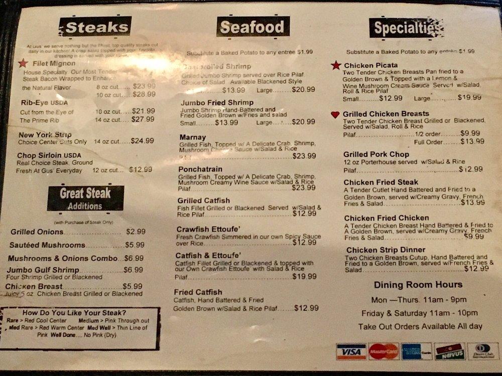 Menu at Gus' BBQ, Texas City, Palmer Hwy