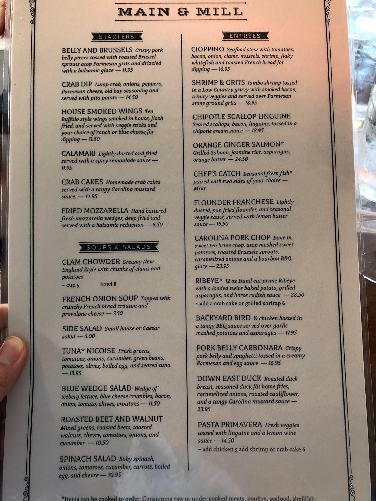 Carta de Main & Mill Oyster Bar & Tavern, Winterville