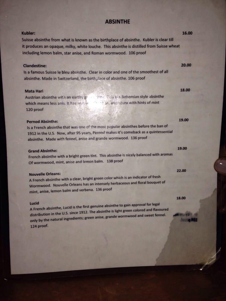 Carta del pub y bar Old Absinthe House, Nueva Orleans, 240 Bourbon St