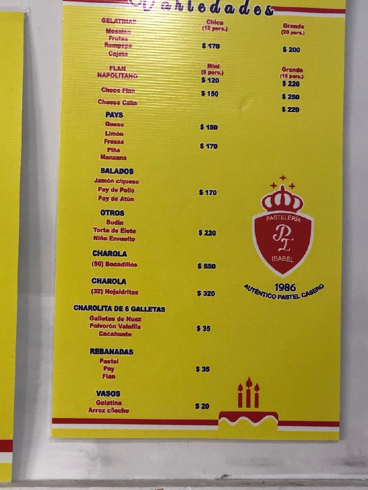 Menu at Pastelería Isabel, Veracruz, Av. 1º de Mayo 331