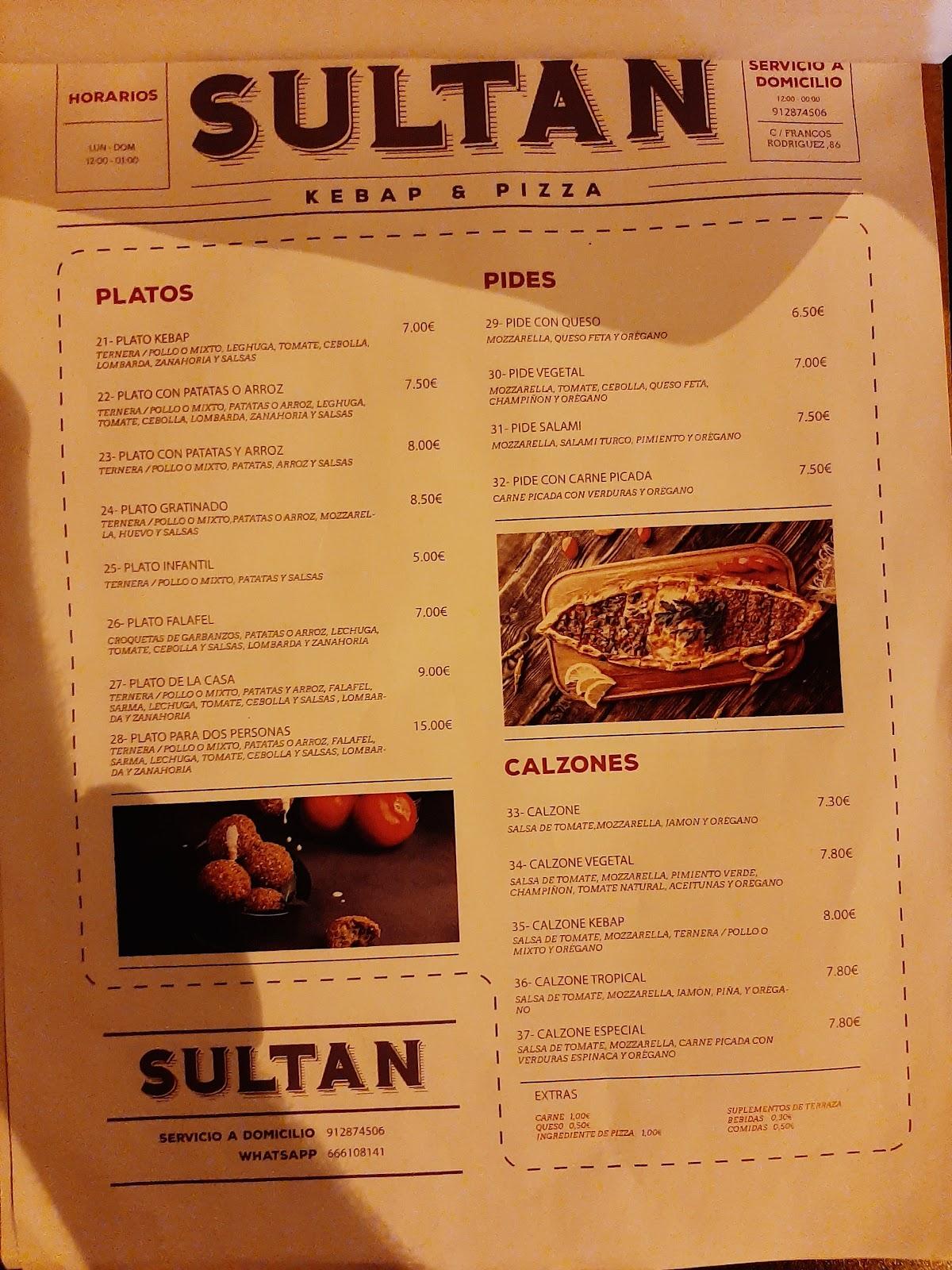 Menu at Sultan Kebap Pizza restaurant, Madrid