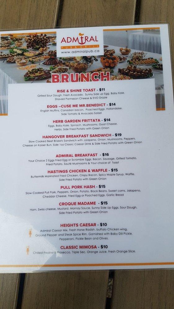 Menu at Admiral Pub, Burnaby