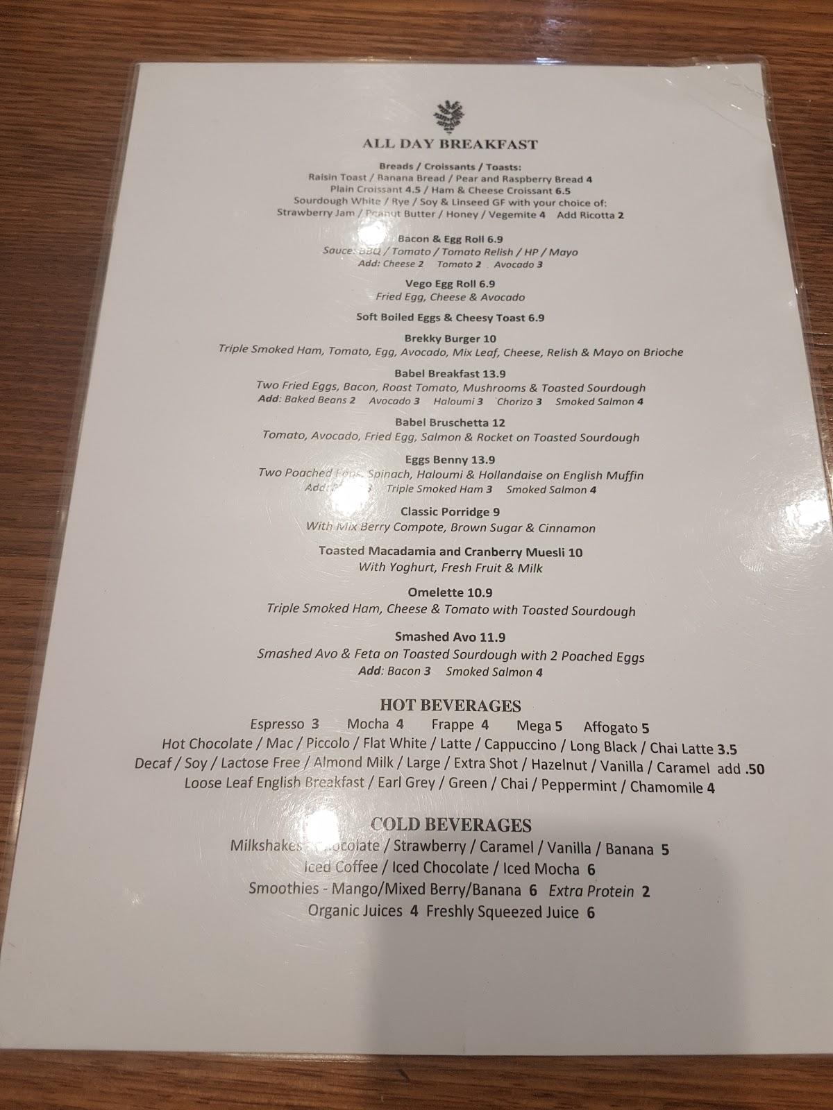 Menu at Babel restaurant, Brighton-Le-Sands
