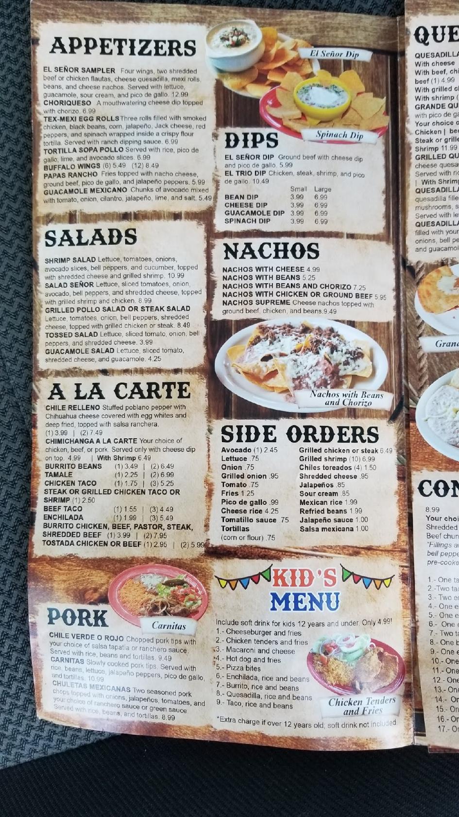 Menu at El Señor Rancho restaurant, Lenoir City