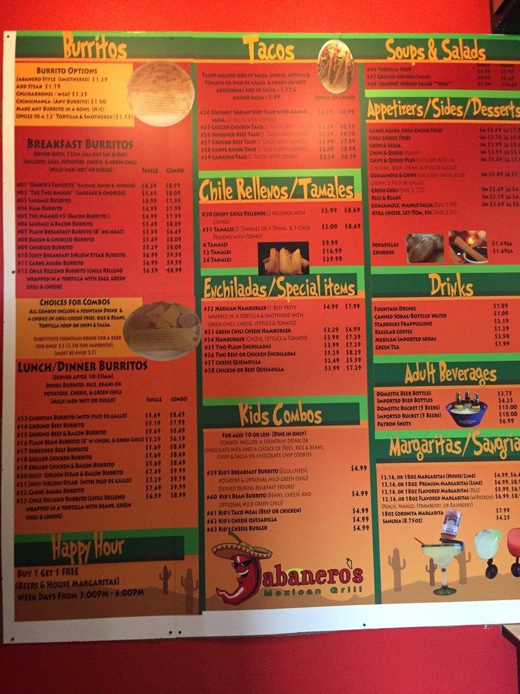 Menu at Jabanero's Mexican Grill restaurant, Aurora