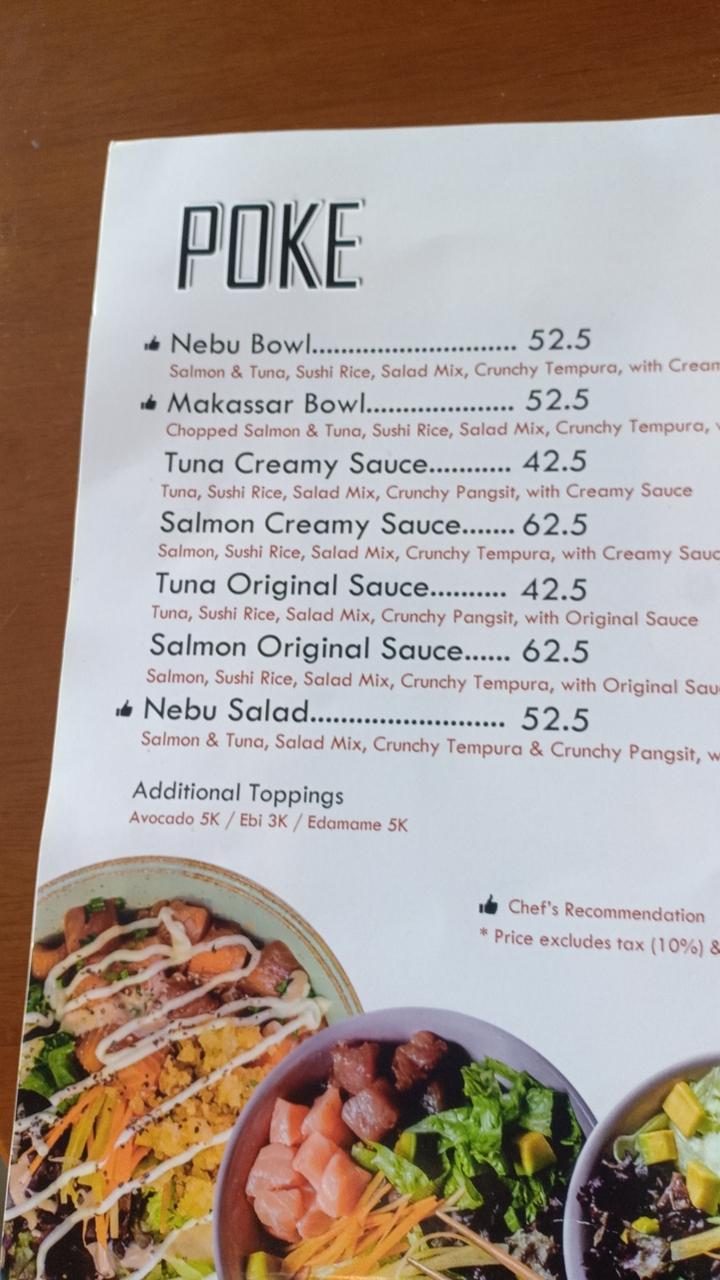 Menu at Nebu MaRi restaurant, Makassar