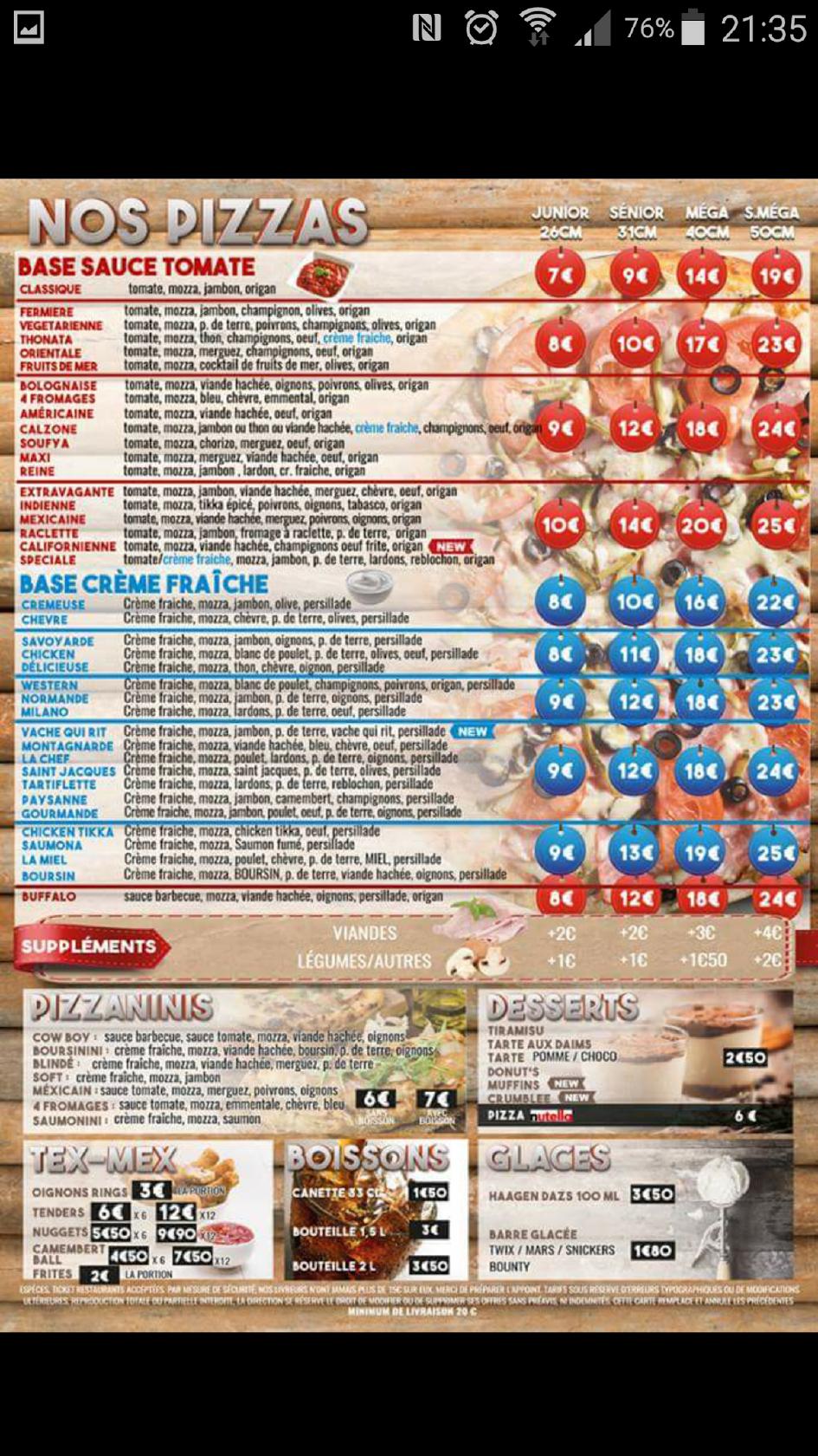 Menu at Pizza one restaurant, Saint-Laurent-Nouan