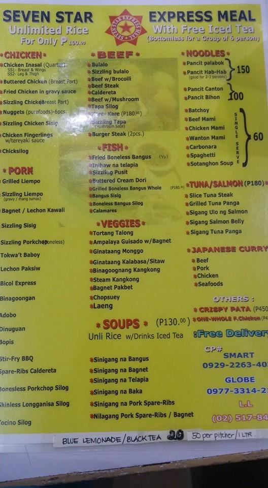 Menu at Seven Star restaurant, Manila