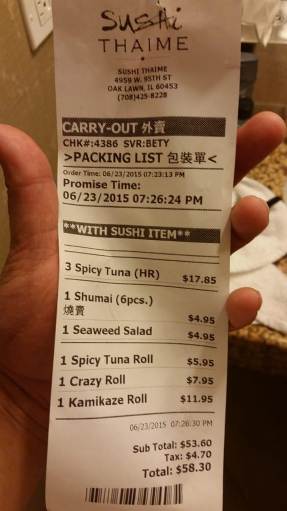 Menu at Sushi Thaime restaurant, Oak Lawn