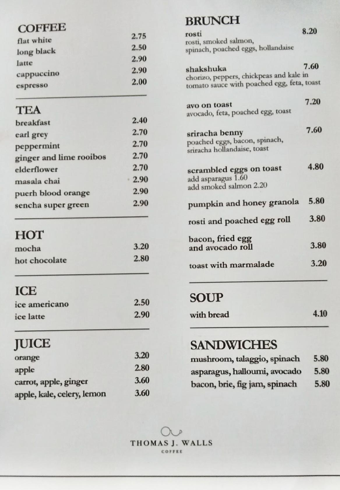 Menu at Thomas J Walls Coffee cafe, Edinburgh