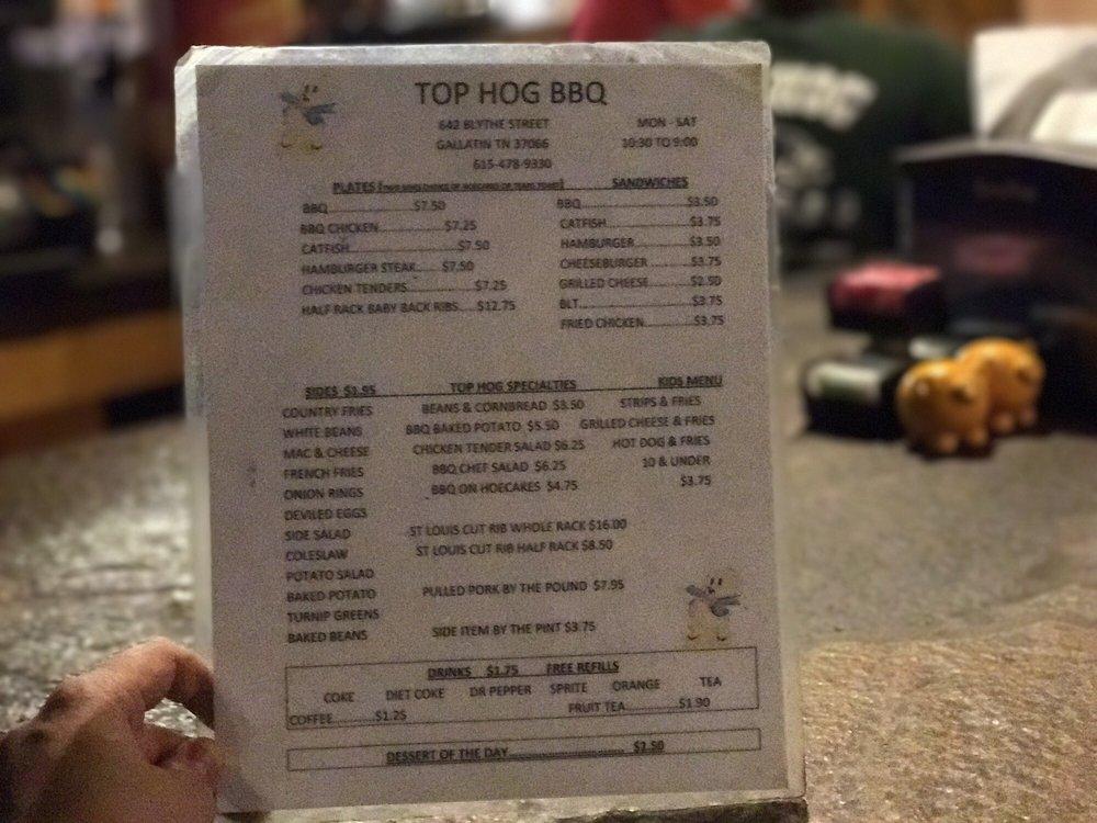 Menu at Top Hog BBQ, Gallatin