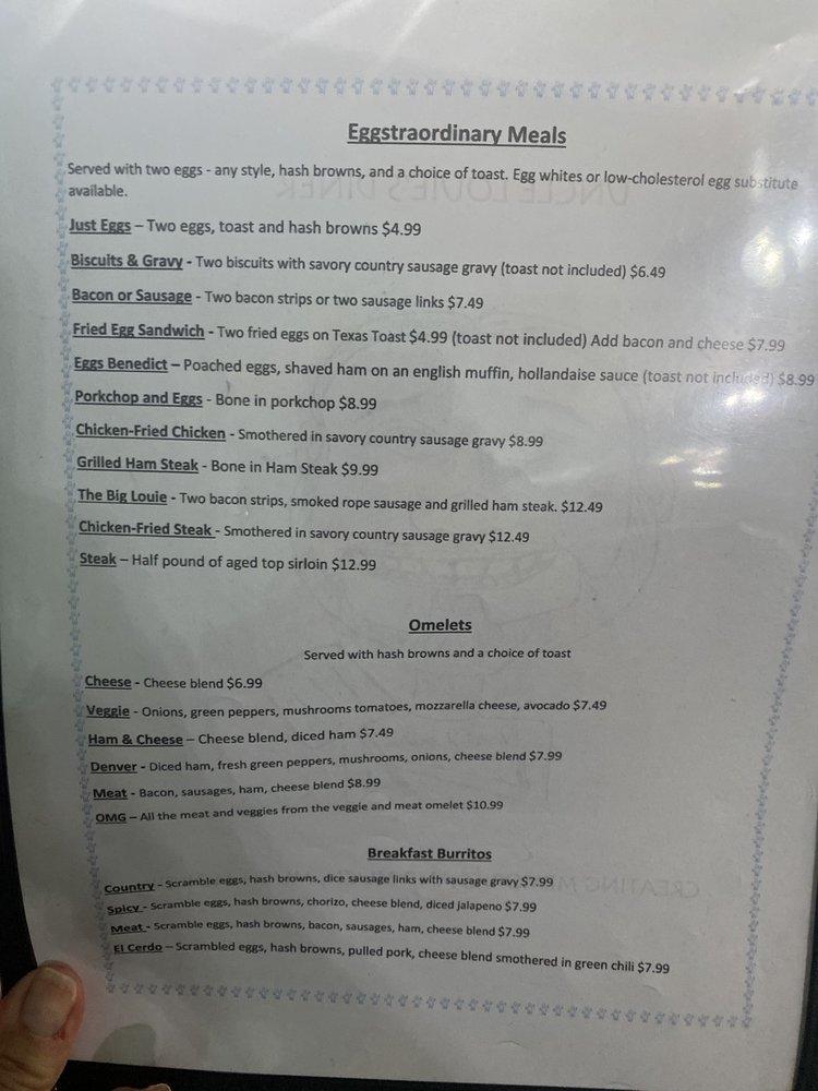 Menu at Uncle Louie's Diner restaurant, Sturgis