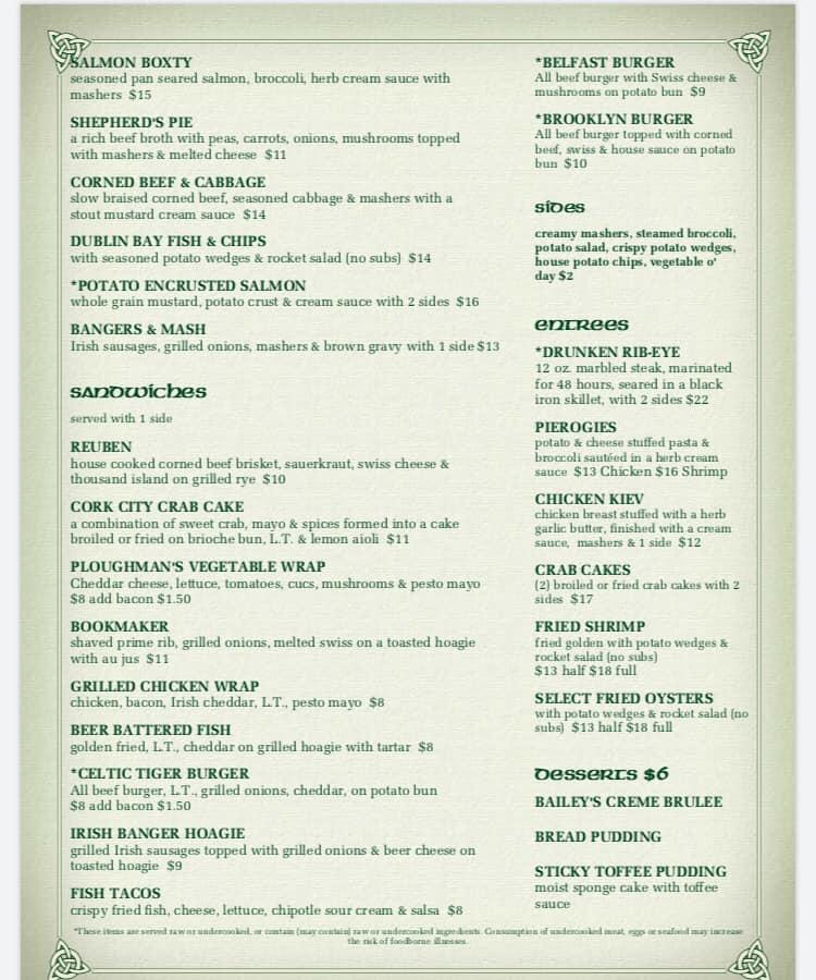 Menu at CELTIC TIGER pub & bar, Chesapeake