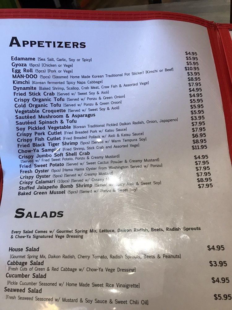 Menu at Chow-Ya restaurant, Lompoc