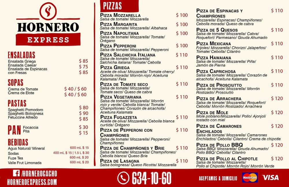 Menu at Hornero Express pizzeria, Tijuana, Av. Hipódromo 19