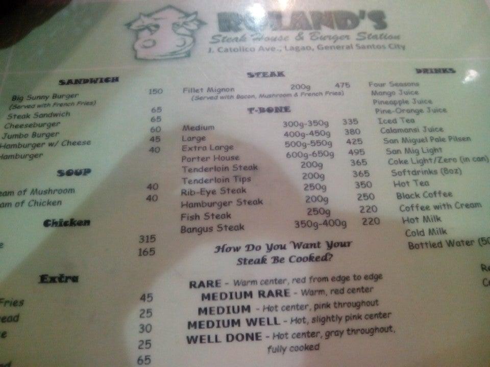 Menu at Roland's Steak House restaurant, General Santos City, Jose ...