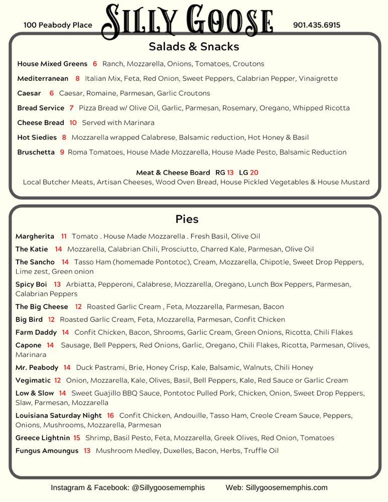 Menu at Silly Goose pub & bar, Memphis