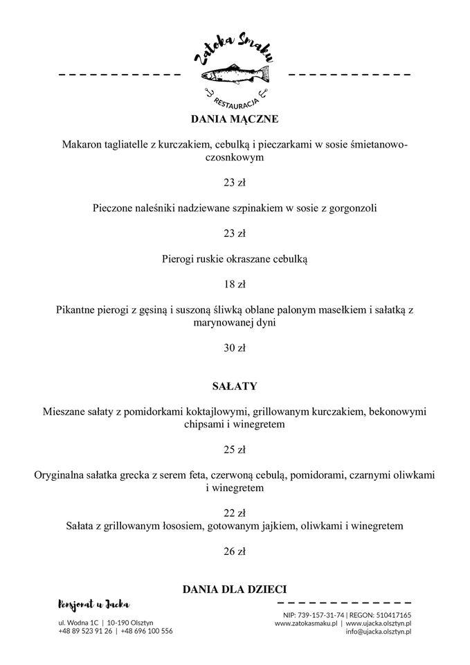 Menu at Zatoka Smaku restaurant, Olsztyn