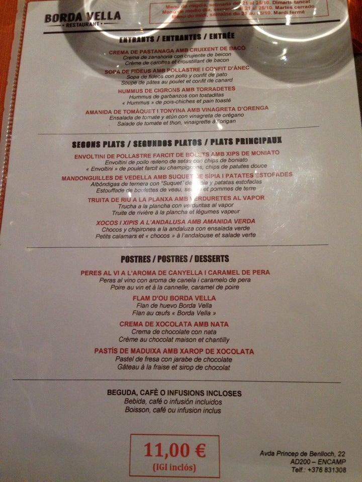 Menu at Borda Vella restaurant, Encamp, Av. Príncep Benlloch, 22