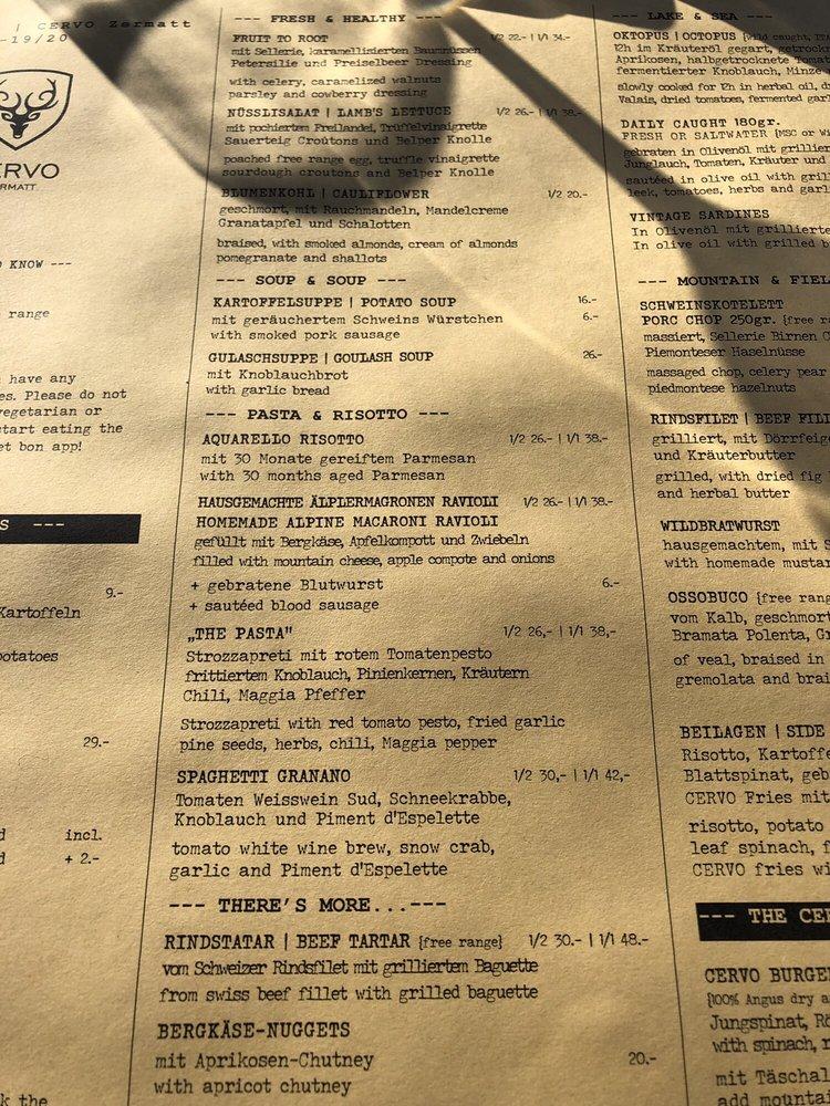 Menu at CERVO Mountain Resort, Zermatt