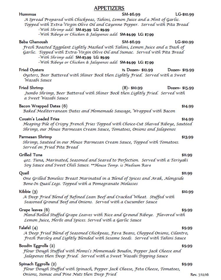 Menu at Cousins Lebanese Cuisine restaurant, Lake Charles