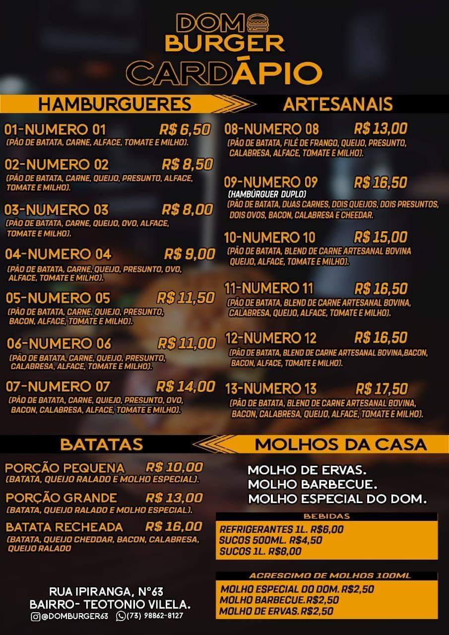 Menu at Dom Burguer restaurant, Ilhéus