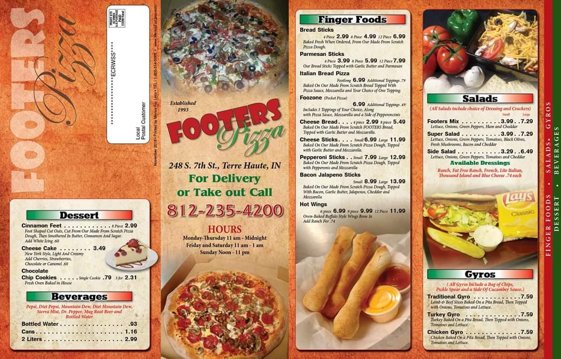 Menu at Footers Pizza pizzeria, Terre Haute, 248 S 7th St