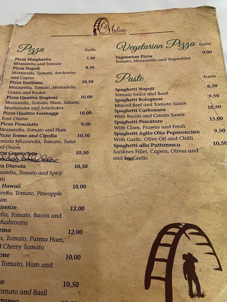 Menu at Il Mulino restaurant, Lisbon
