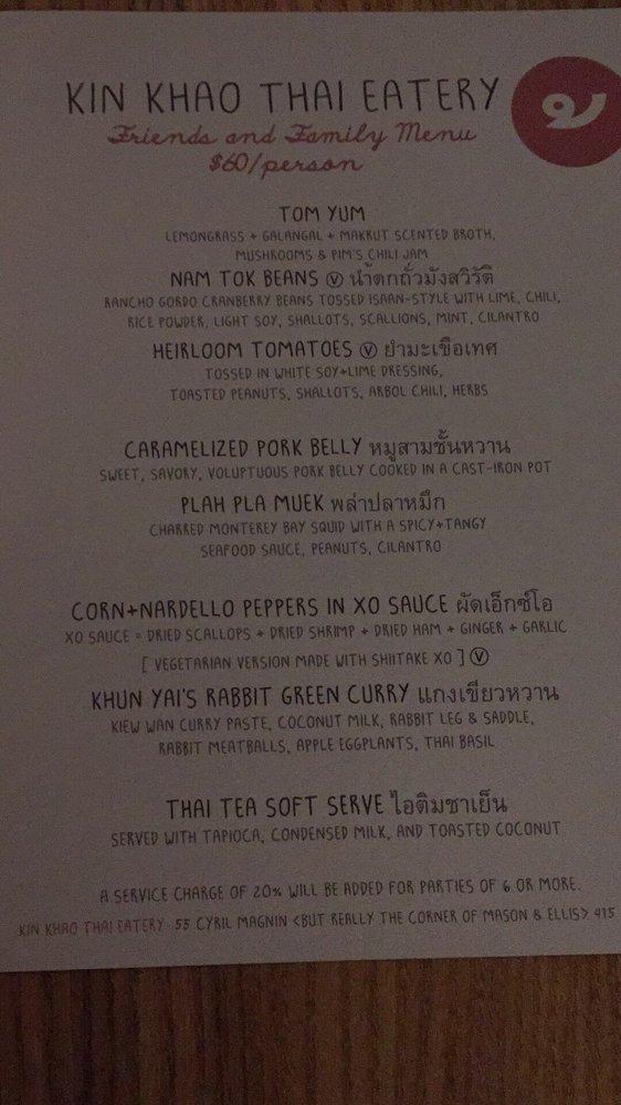 Menu at Kin Khao restaurant, San Francisco