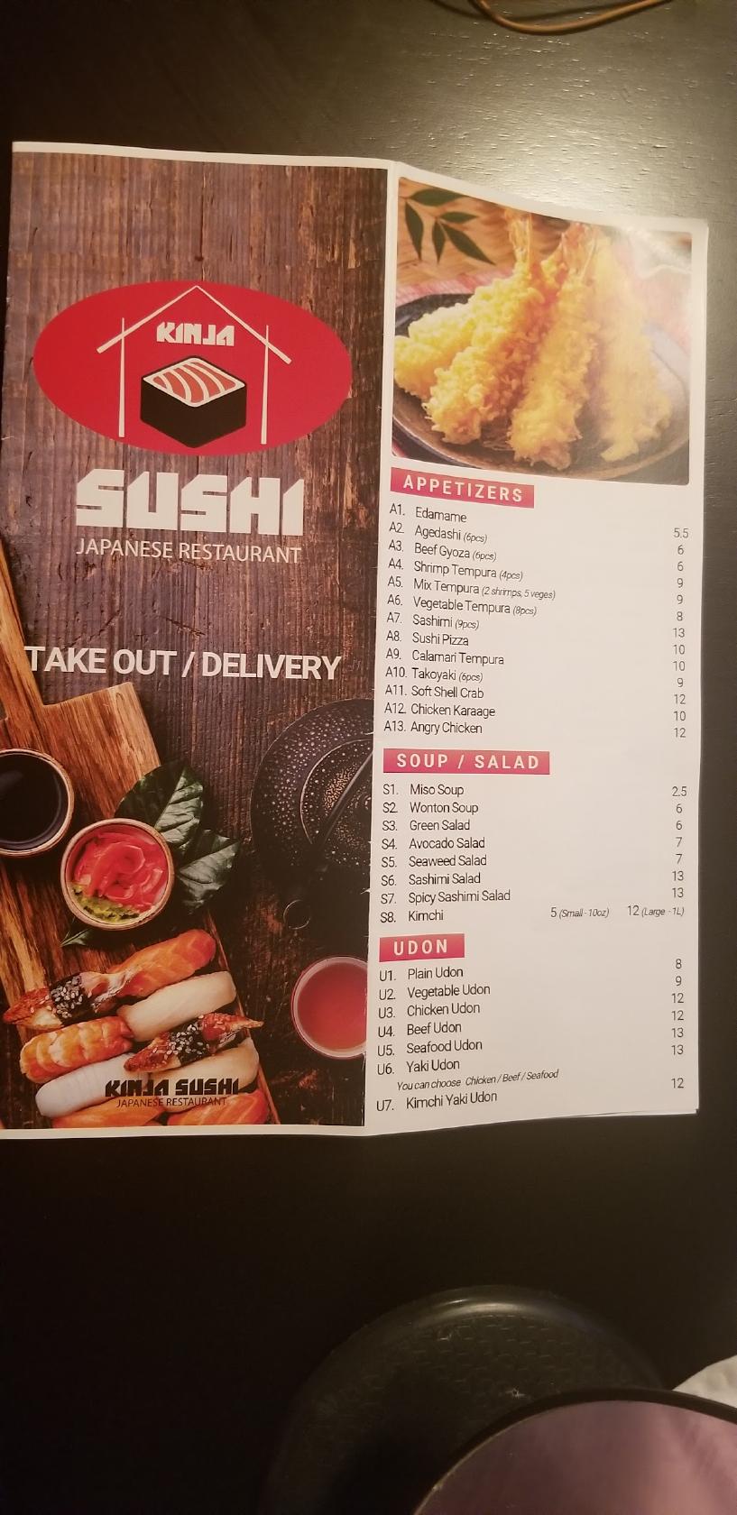 Menu at Kinja Sushi restaurant, Barrie