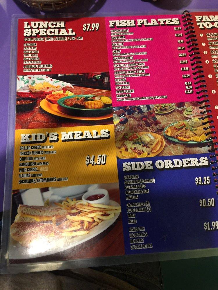 Menu at Los Toreados restaurant, El Paso, Alameda Ave