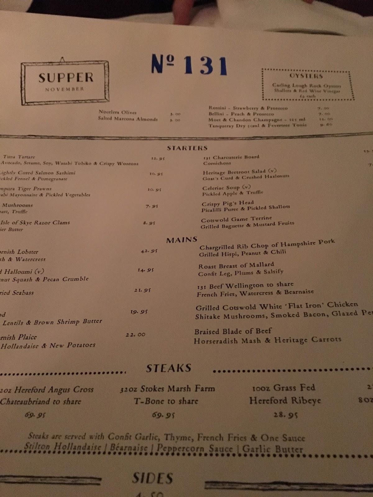 Menu at No.131 restaurant, Cheltenham