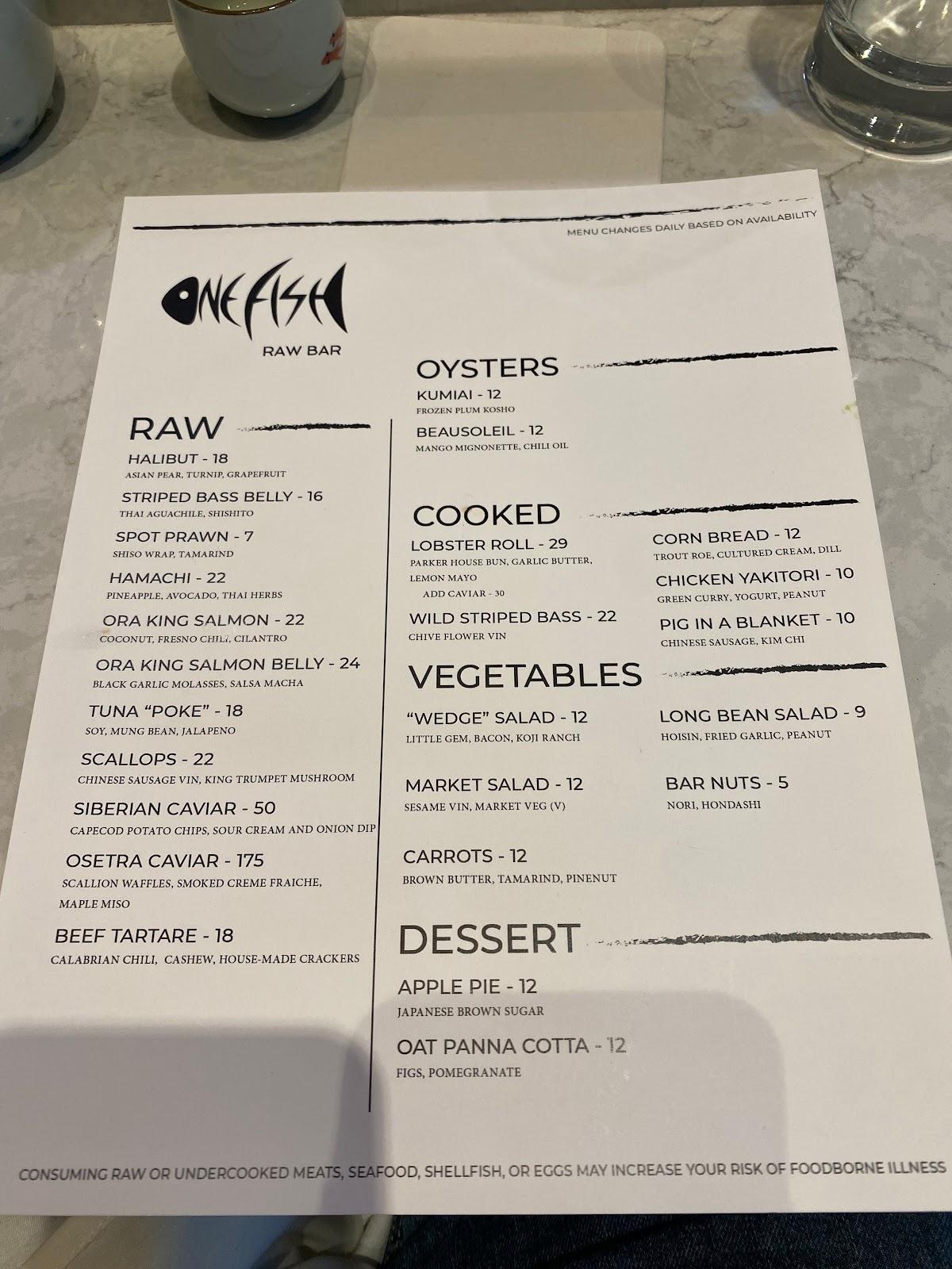 Menu at One Fish Raw Bar, Campbell