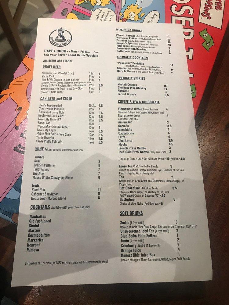 Carta de Queen & Rook Game Cafe, Filadelfia