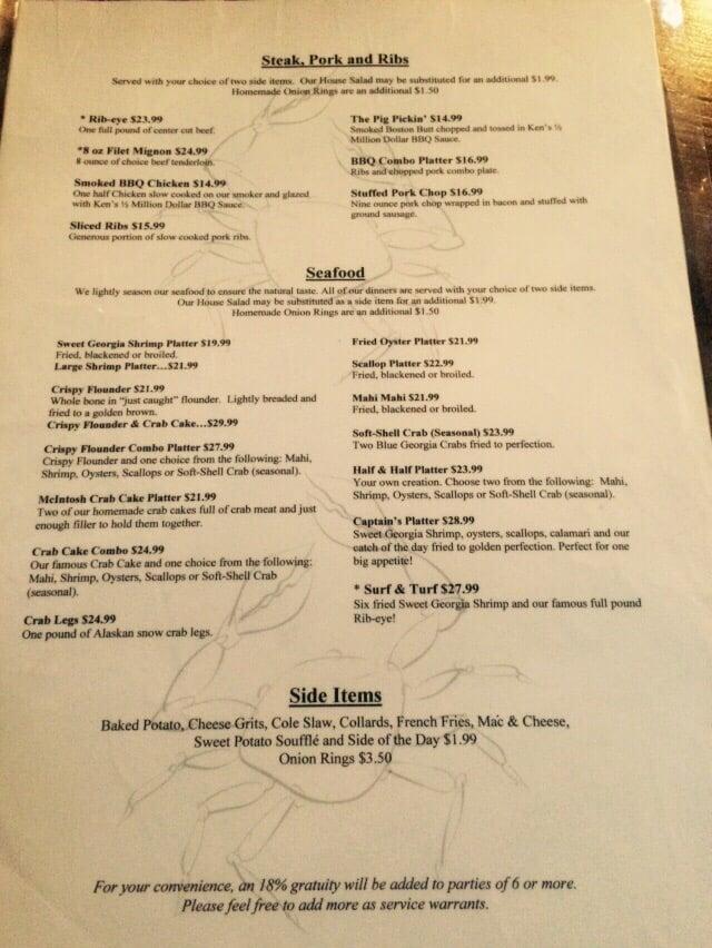 Menu at Skippers’ Fish Camp restaurant, Darien