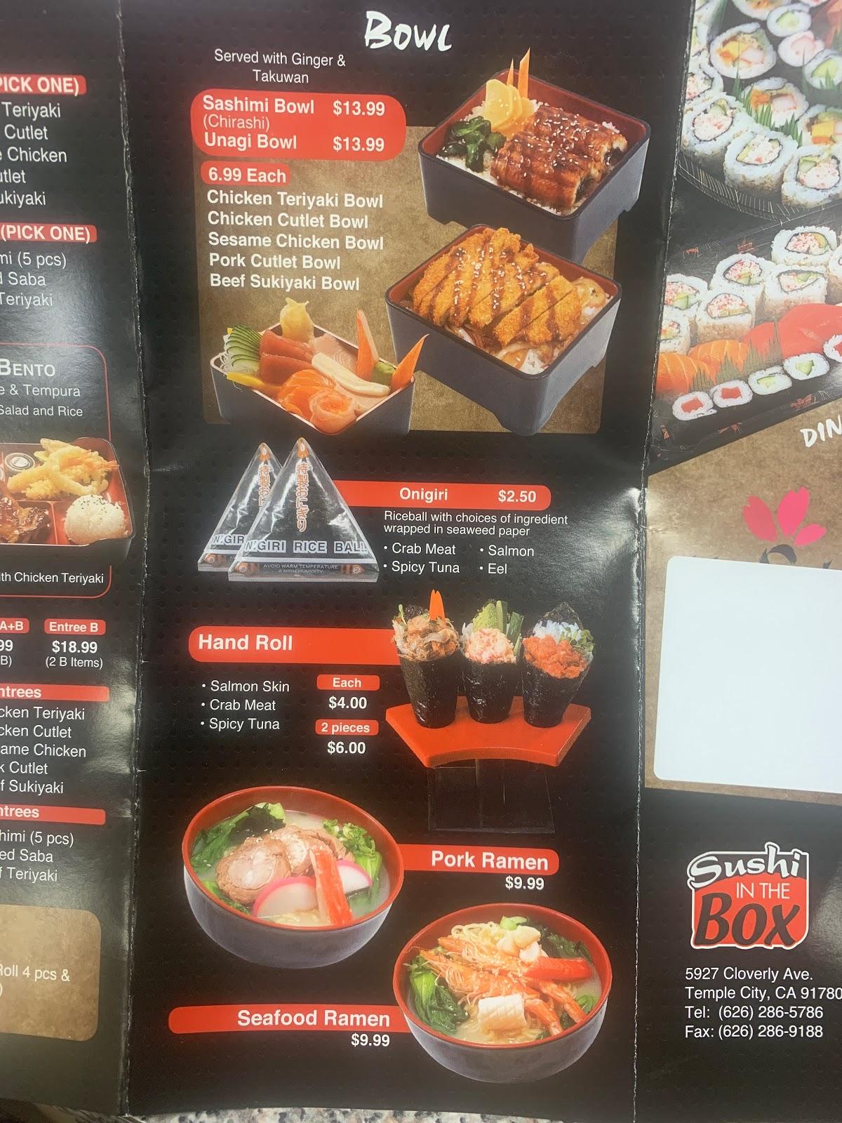 Menu at Sushi in the Box restaurant, Temple City