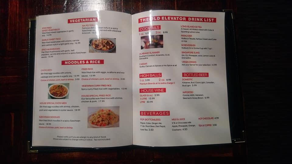 Menu at The Old Elevator restaurant, Fernie