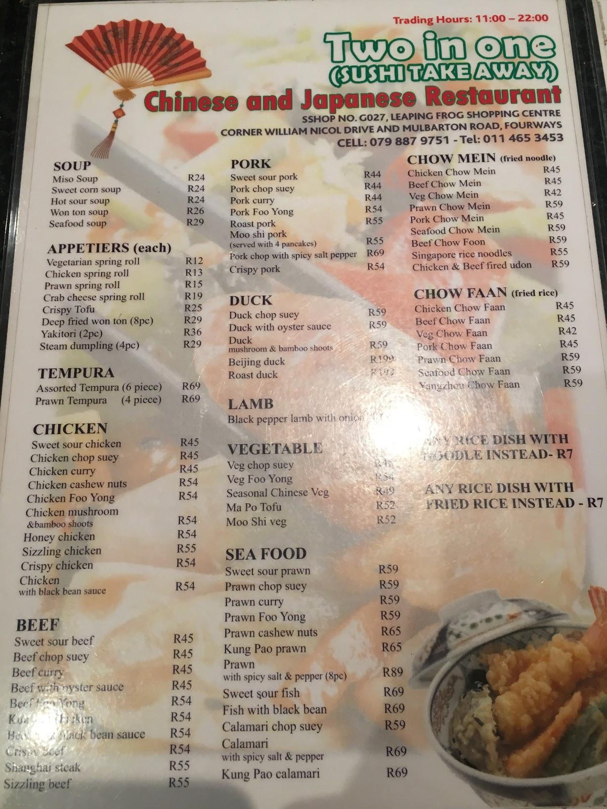 Menu at Two in One Chinese & Japanese restaurant, Randburg, The Leaping ...
