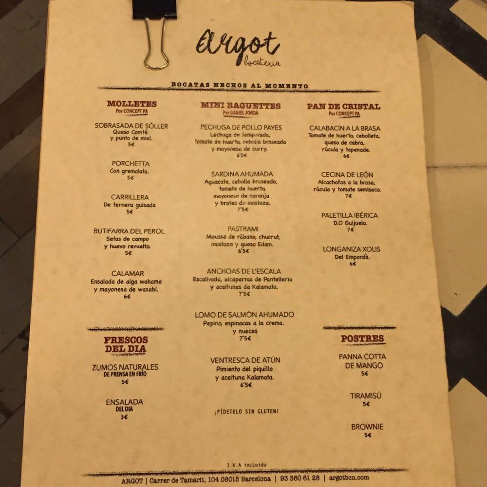 Menu at argot restaurant, Barcelona