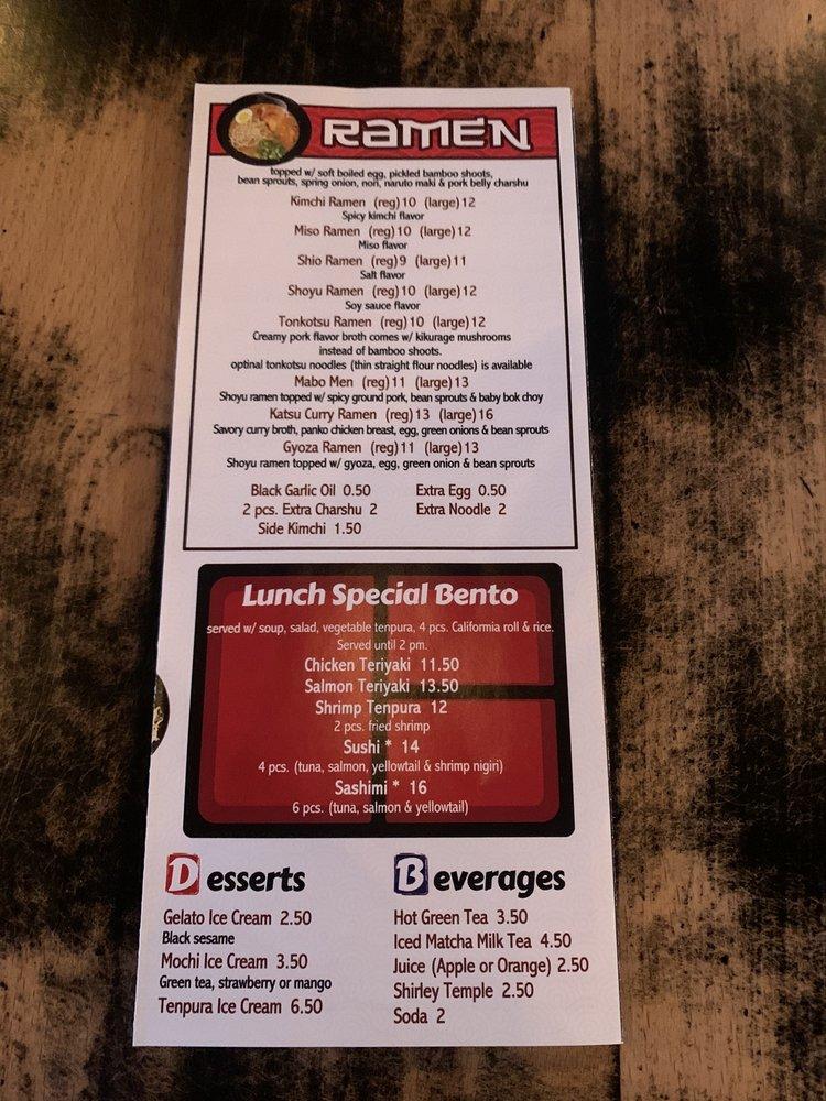 Menu at Kobe Sushi restaurant, West Jordan