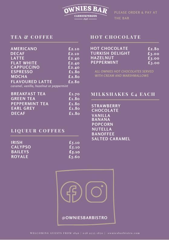 Menu at Ownies Bar and Bistro, Carrickfergus