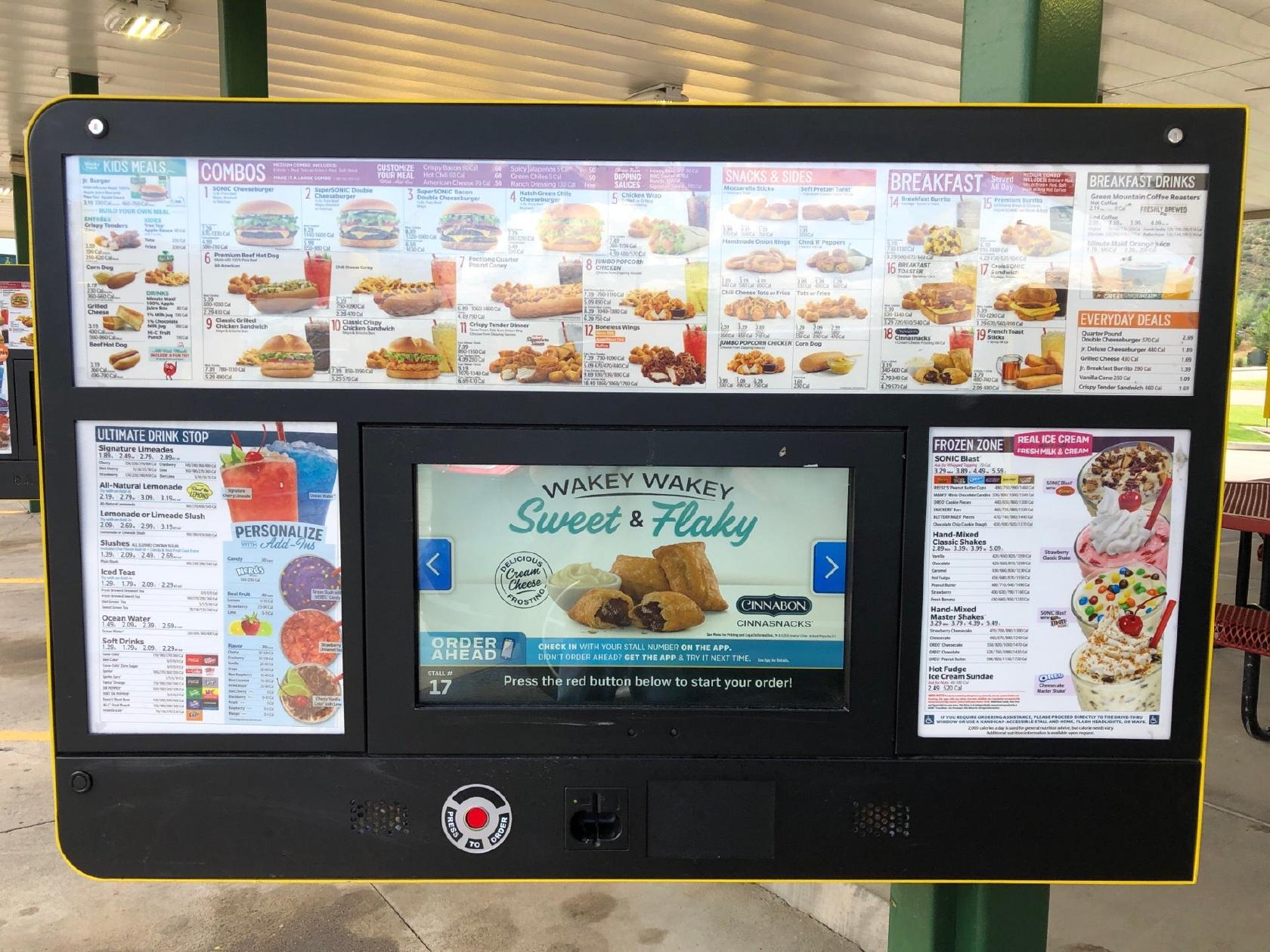 Menu at Sonic Drive-In fast food, Rifle