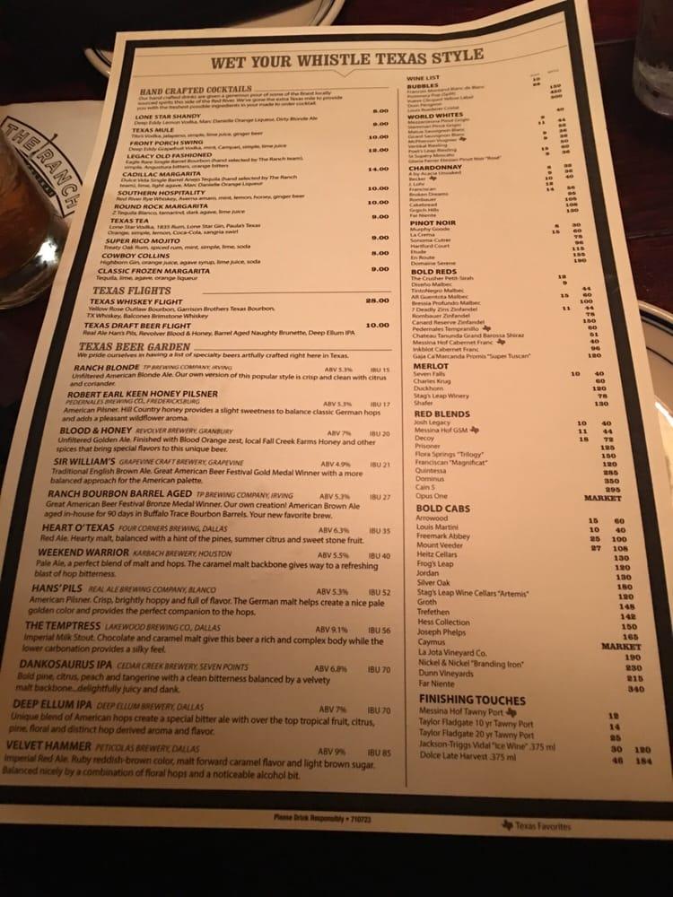 Menu at The Ranch at Las Colinas steakhouse, Irving