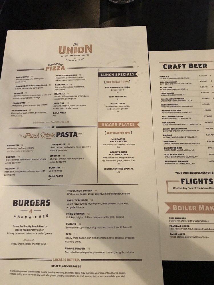 Menu at The Union pizzeria, Carson City