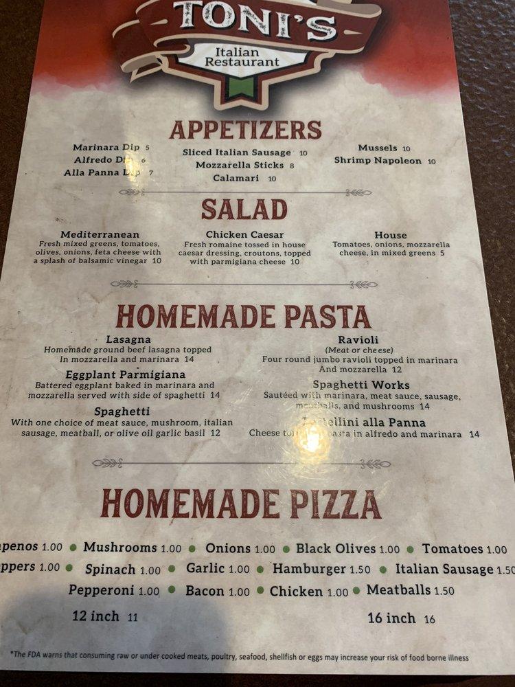 Menu at Toni's Italian Restaurant, Olathe