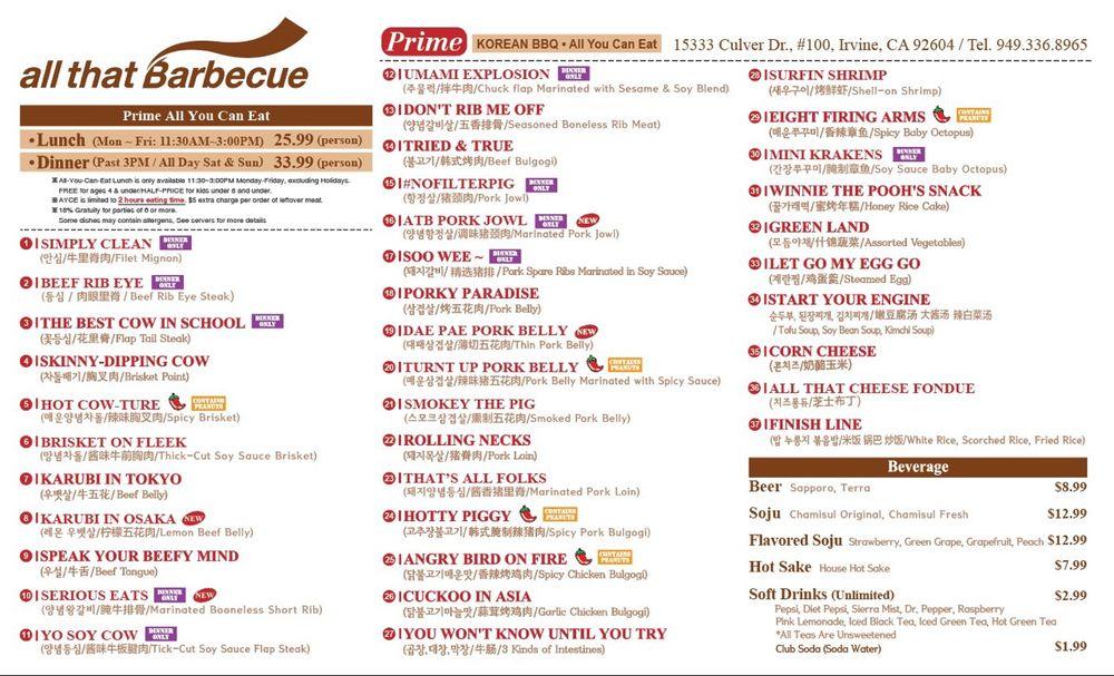 Menu at All That Barbecue, Irvine
