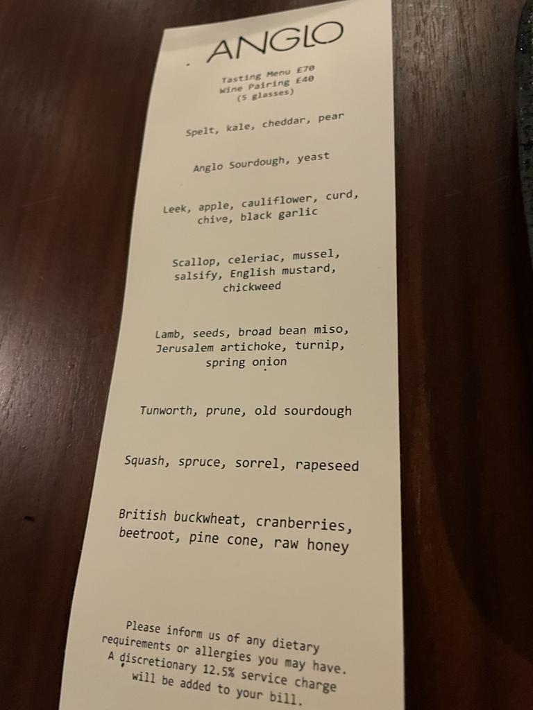 Menu at Anglo restaurant, London, 30 St Cross St