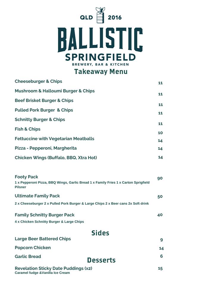 Menu at Ballistic Springfield pub & bar, Springfield Central